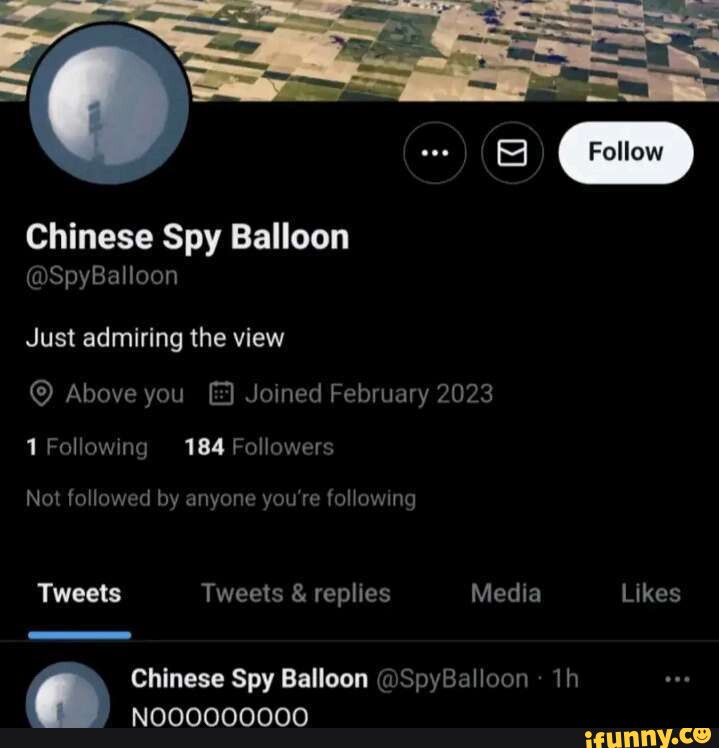 Chinese Spy Balloon @SpyBalloon Follow Just admiring the view Above you Joined February 2023 1 ...