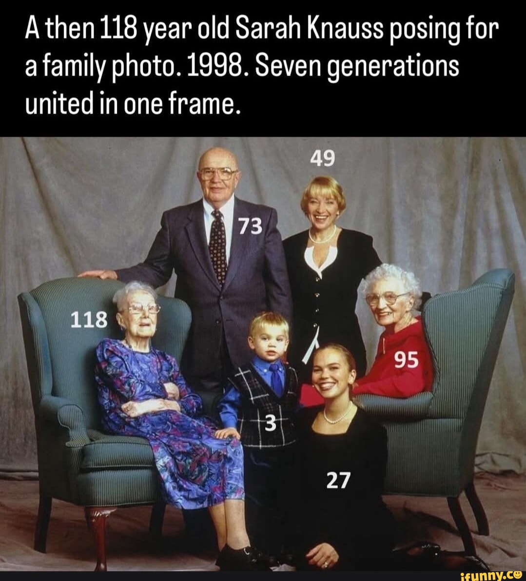 A then 118 year old Sarah Knauss posing for a family photo. 1998. Seven ...