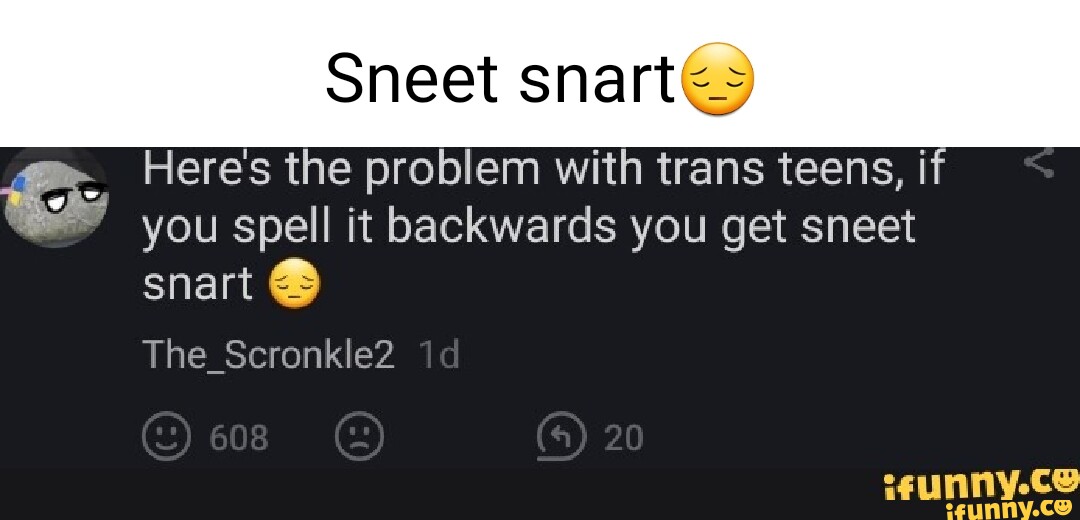 Sneet Here's the problem with trans teens, I you spell it backwards you ...