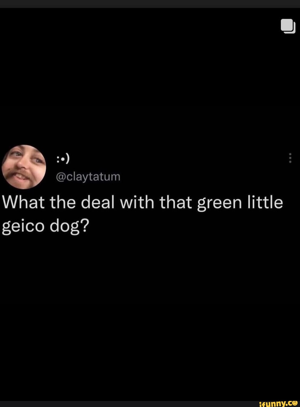 @claytatum What the deal with that green little geico dog? - iFunny
