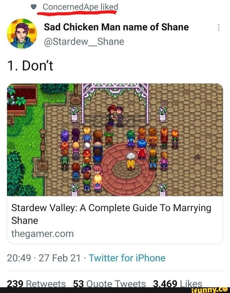 Gaming meme - ConcernedApe liked Sad Chicken Man name of Shane ...