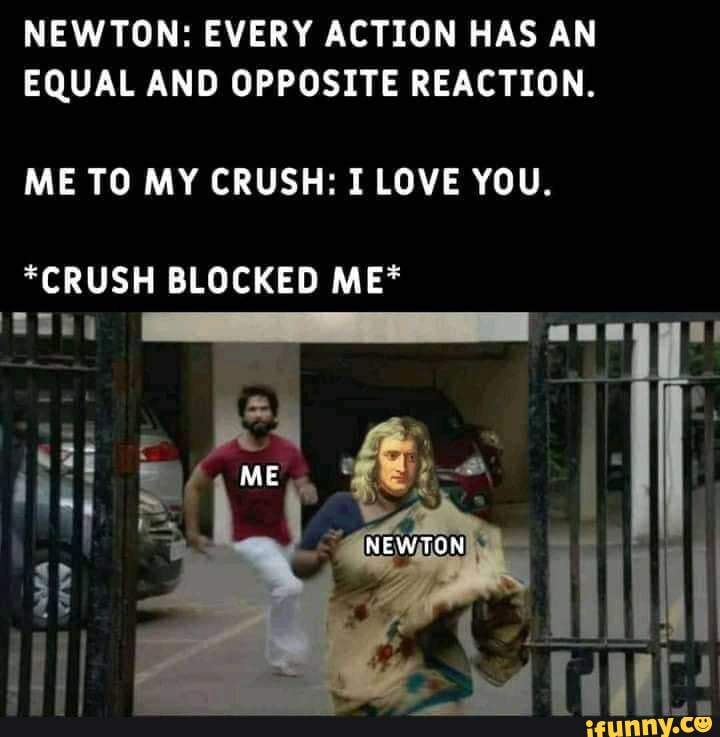 NEWTON: EVERY ACTION HAS AN EQUAL AND OPPOSITE REACTION. ME TO MY CRUSH ...