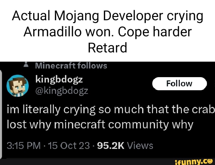 Actual Mojang Developer crying Armadillo won. Cope harder Retard ...