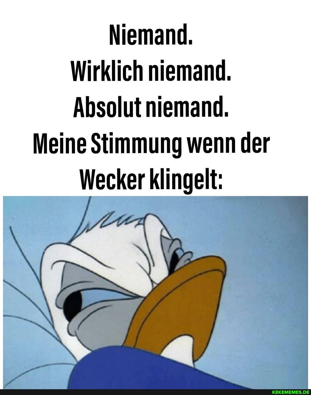 Niemand. Wirklich niemand, Absolut niemand. Meine Stimmung wenn der Wecker klingelt: - Keke