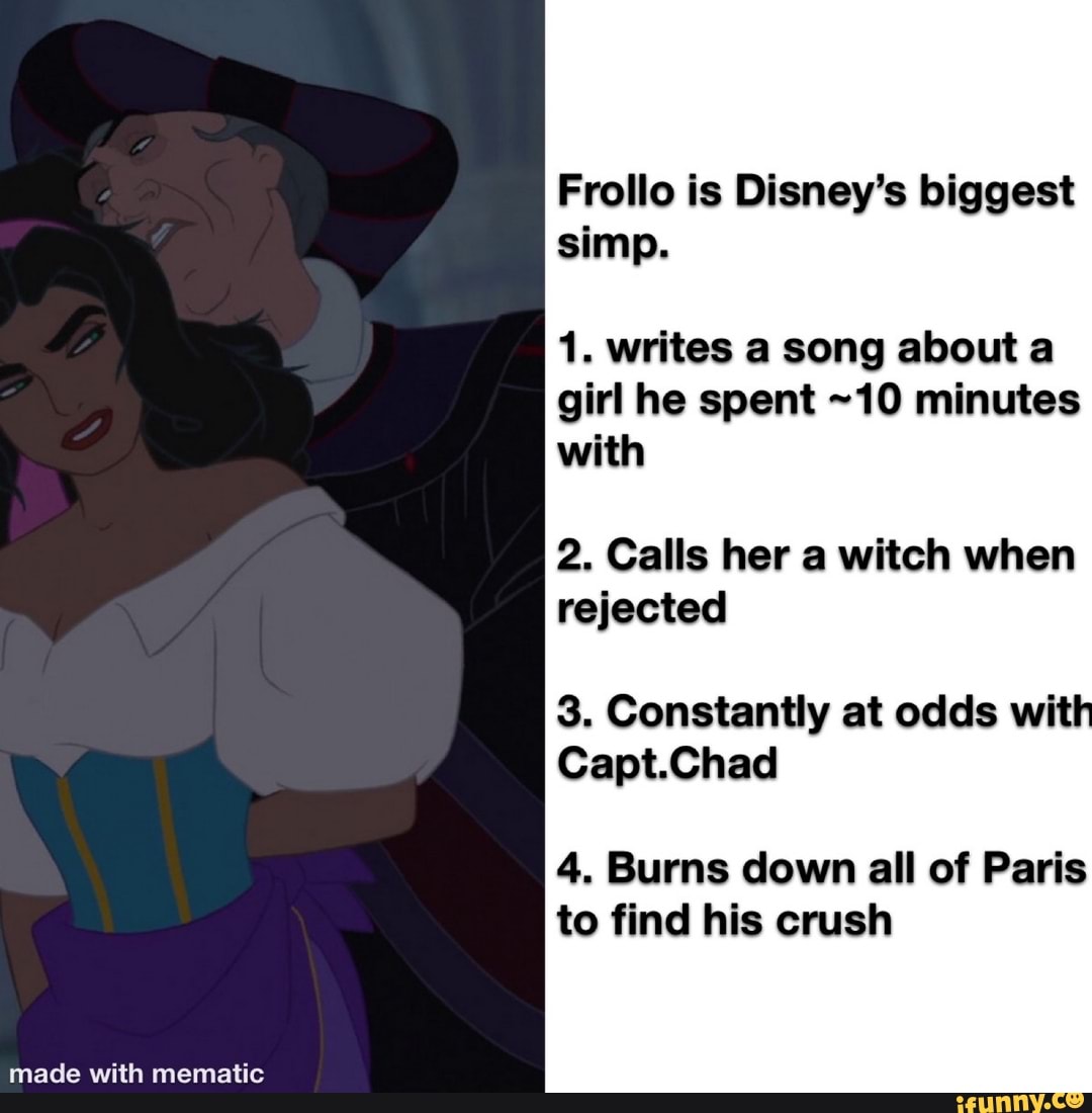 Frollo is Disney's biggest simp. 1. writes a song about a girl he spent ...