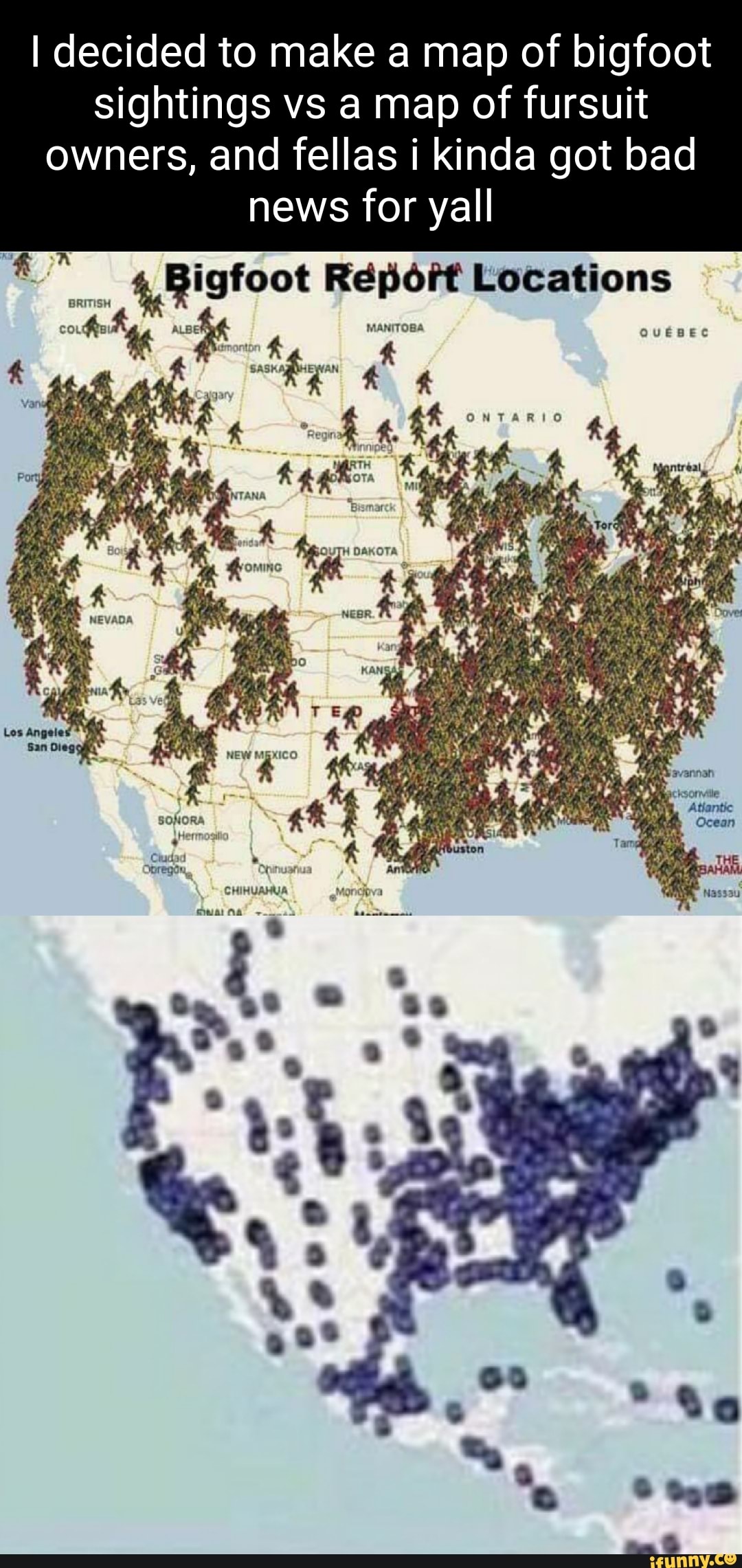 I decided to make a map of bigfoot sightings vs a map of fursuit owners ...