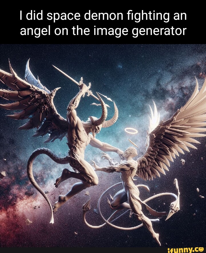 I did space demon fighting an angel on the image generator SOON - iFunny