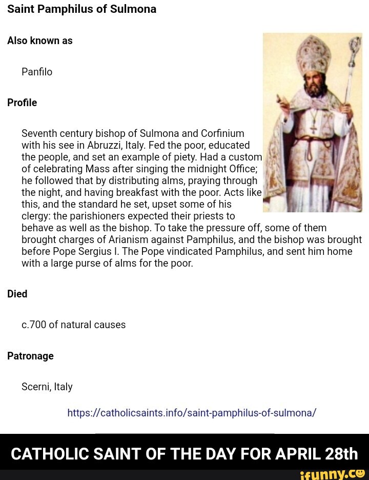 Saint Pamphilus of Sulmona Also known as fer / Panfilo Profile Seventh ...