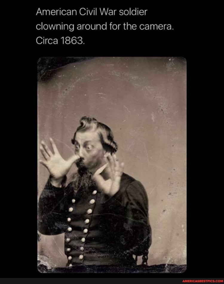 American Civil War soldier clowning around for the camera. Circa 1863 ...