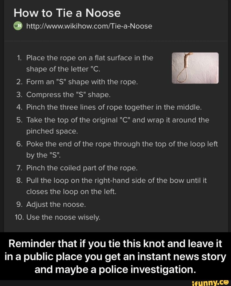 How to Tie a Noose http://www.wikihow.com/Tie-a-Noose 1. Place the rope ...
