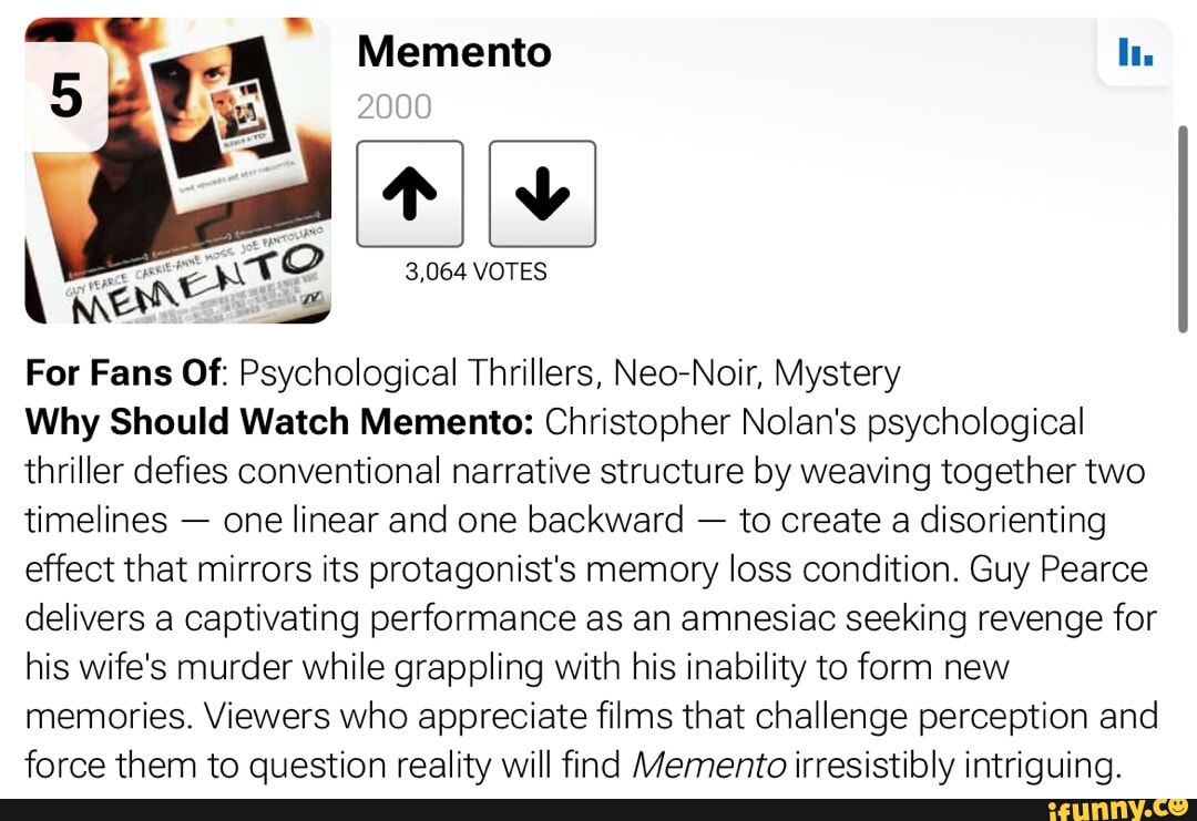 Memento 2000 3,064 VOTES For Fans Of: Psychological Thrillers, Neo-Noir ...