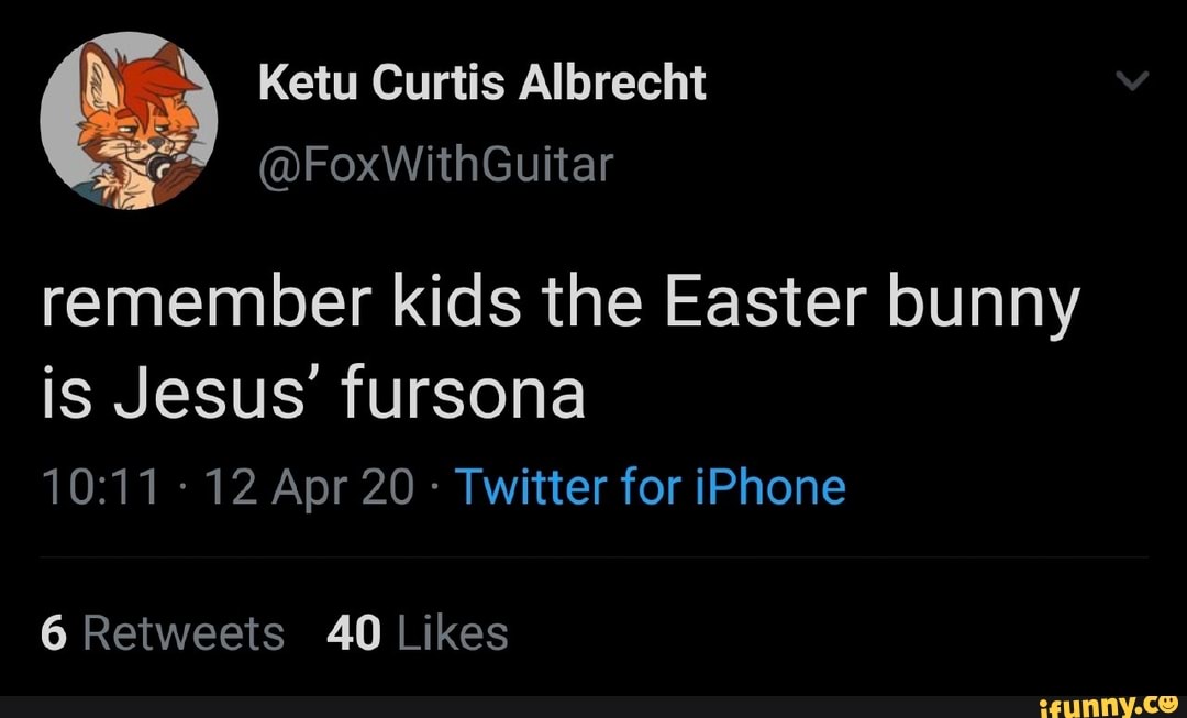 Remember kids the Easter bunny is Jesus' fursona 10:11 Apr Twitter for ...
