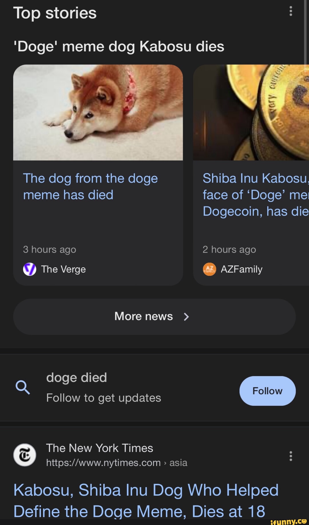Top stories 'Doge' meme dog Kabosu dies The dog from the doge Shiba Inu ...