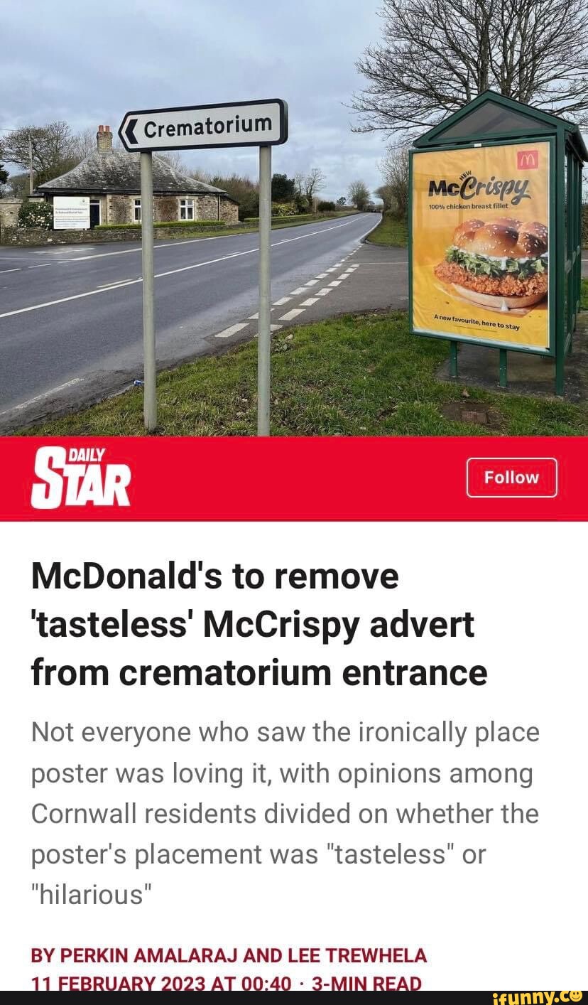 McDonald's to remove 'tasteless' McCrispy advert from crematorium ...