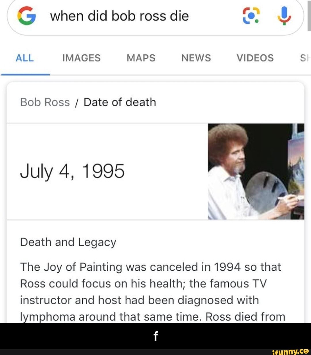 ALL IMAGES MAPS NEWS VIDEOS E Bob Ross / Date of death July 4, 1995 The ...