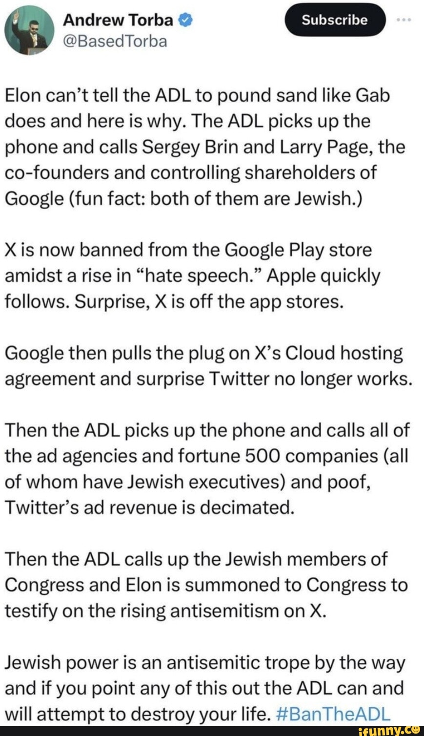 Andrew Torba Elon can't tell the ADL to pound sand like Gab does and ...