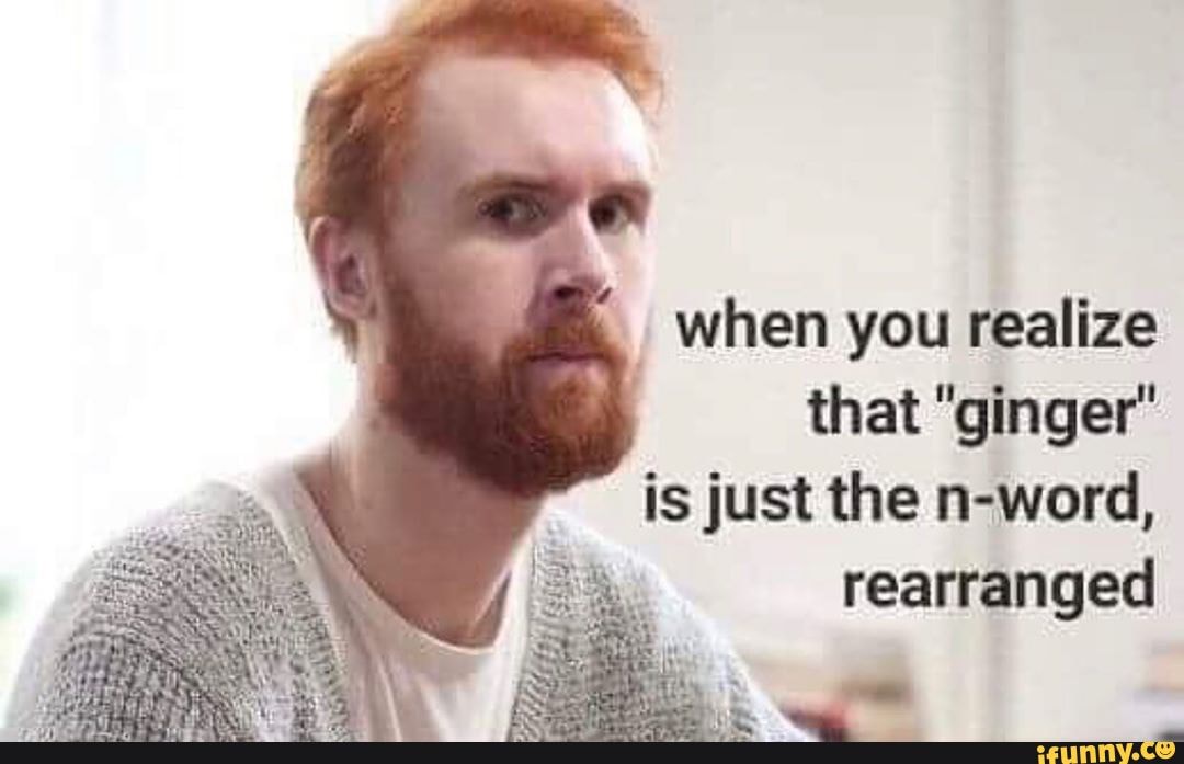 When you realize that "ginger' iS just the n-word, rearranged - iFunny