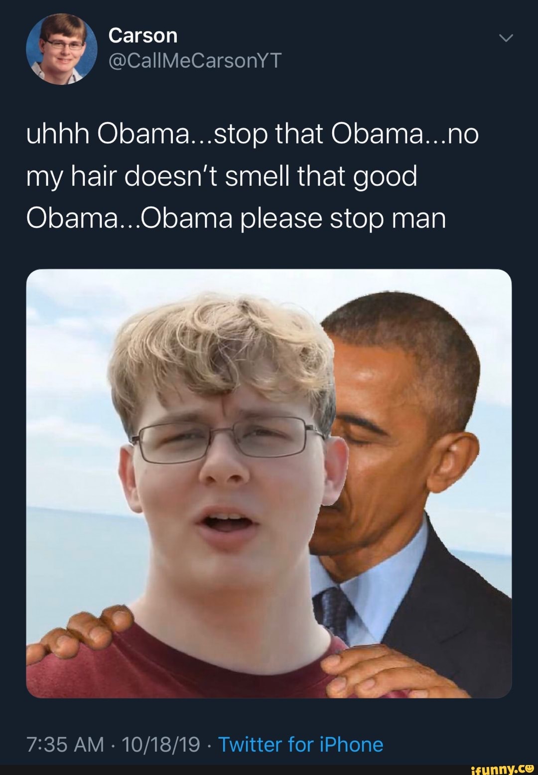 Uhhh Obama...stop that Obama...no my hair doesn't smell that good Obama ...