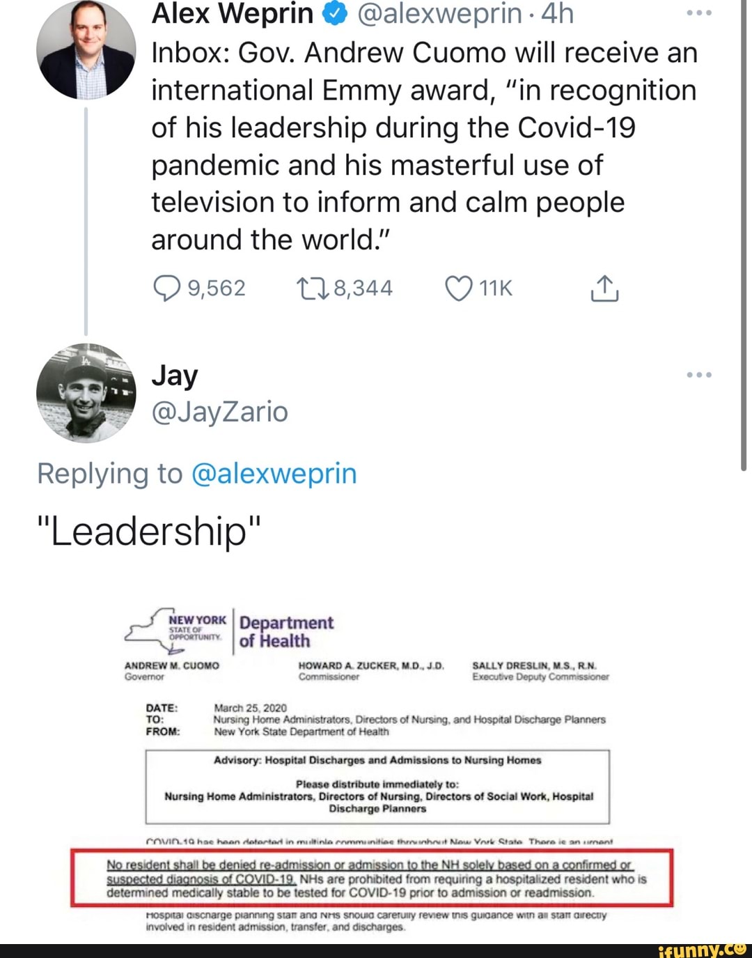 Alex Weprin @ @alexweprin- Inbox: Gov. Andrew Cuomo will receive an ...