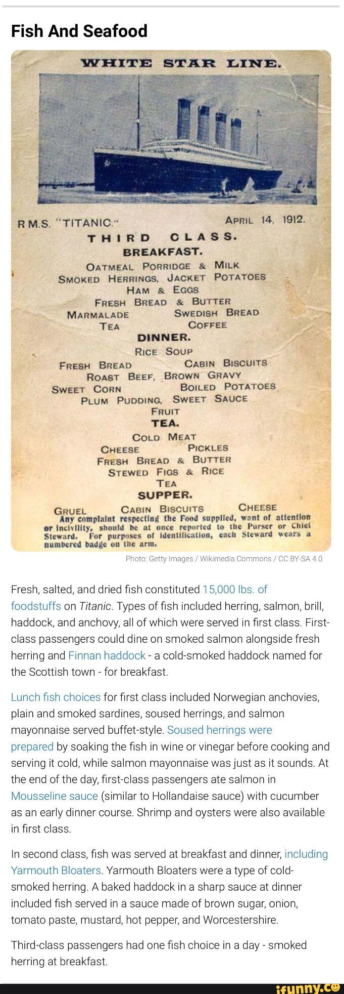 Fish And Seafood WHITE STAR RMS. "TITANIC." Aprit 14, 1912. THIRD CLASS ...
