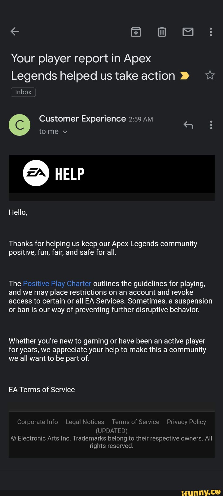 Your player report in Apex Legends helped us take action Inbox Customer ...