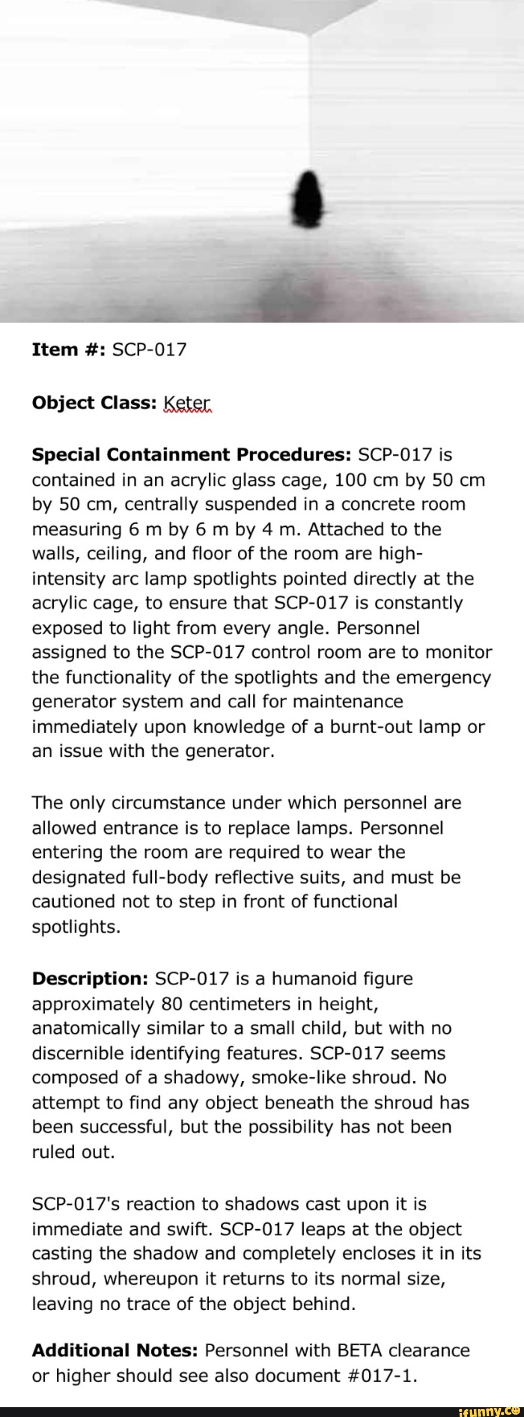 Item SCP-017 Object Class: Keter, Special Containment Procedures: SCP ...