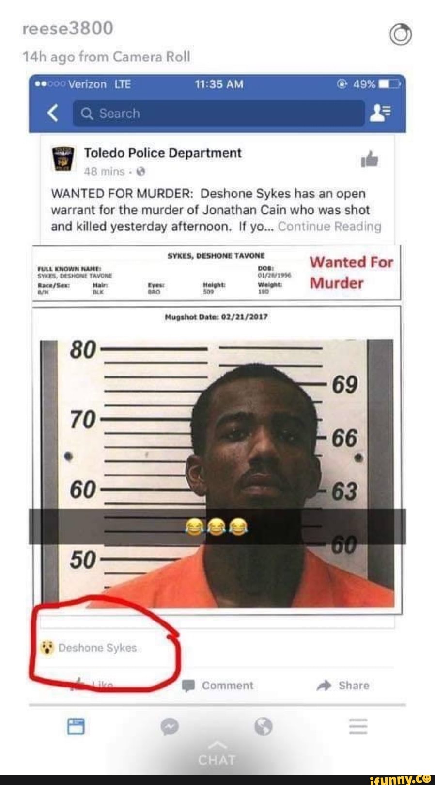 14h ago from Camera Roll 1 o WANTED FOR MURDER: Deshone Sykes has an ...