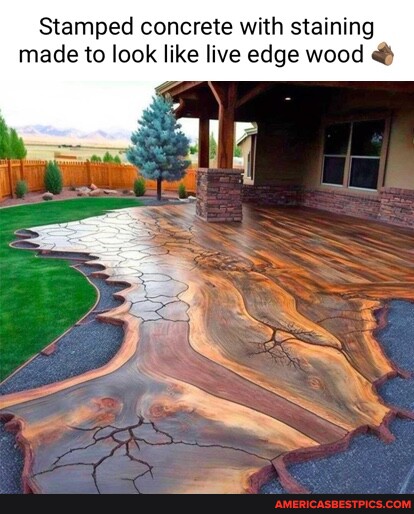 Stamped concrete with staining made to look like live edge wood ...