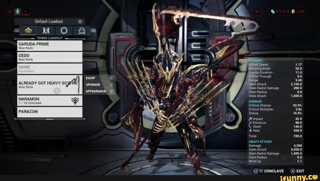 F: % Default Loadout A OO TENNO LOADOUT GARUDA PRIME CEDO Speed ...
