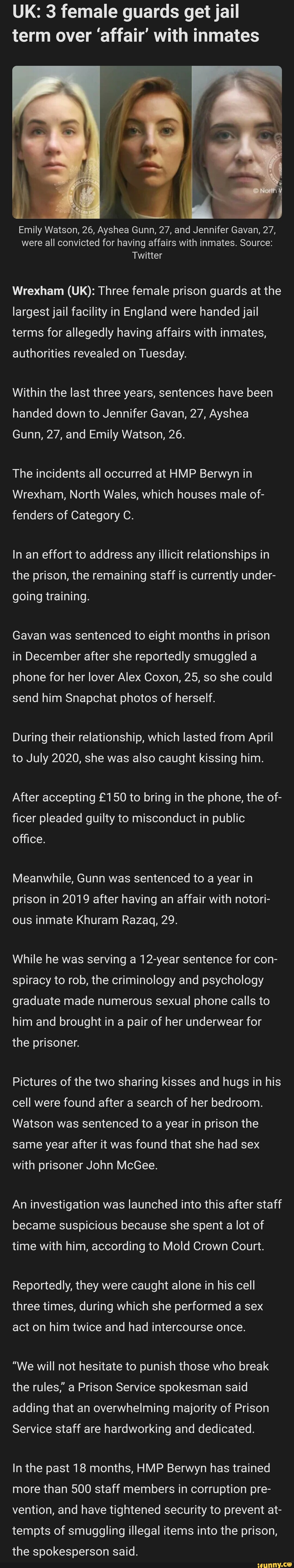 UK: 3 female guards get jail term over 'affair' with inmates Emily ...