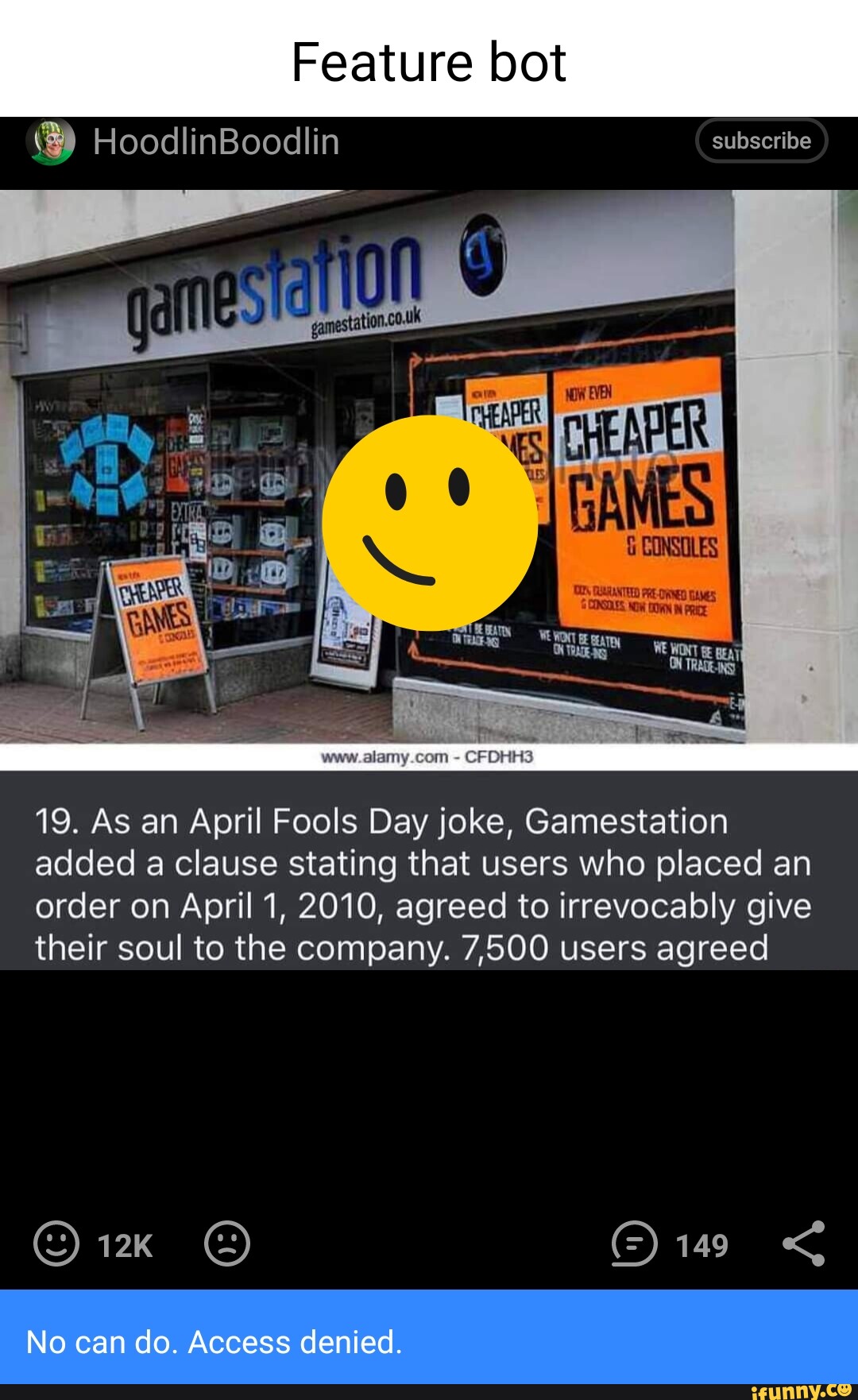 Feature bot HoodlinBoodlin 19. As an April Fools Day joke, Gamestation ...