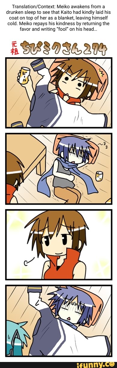 Meiko awakens from a drunken sleep to see that Kaito had kindly laid ...