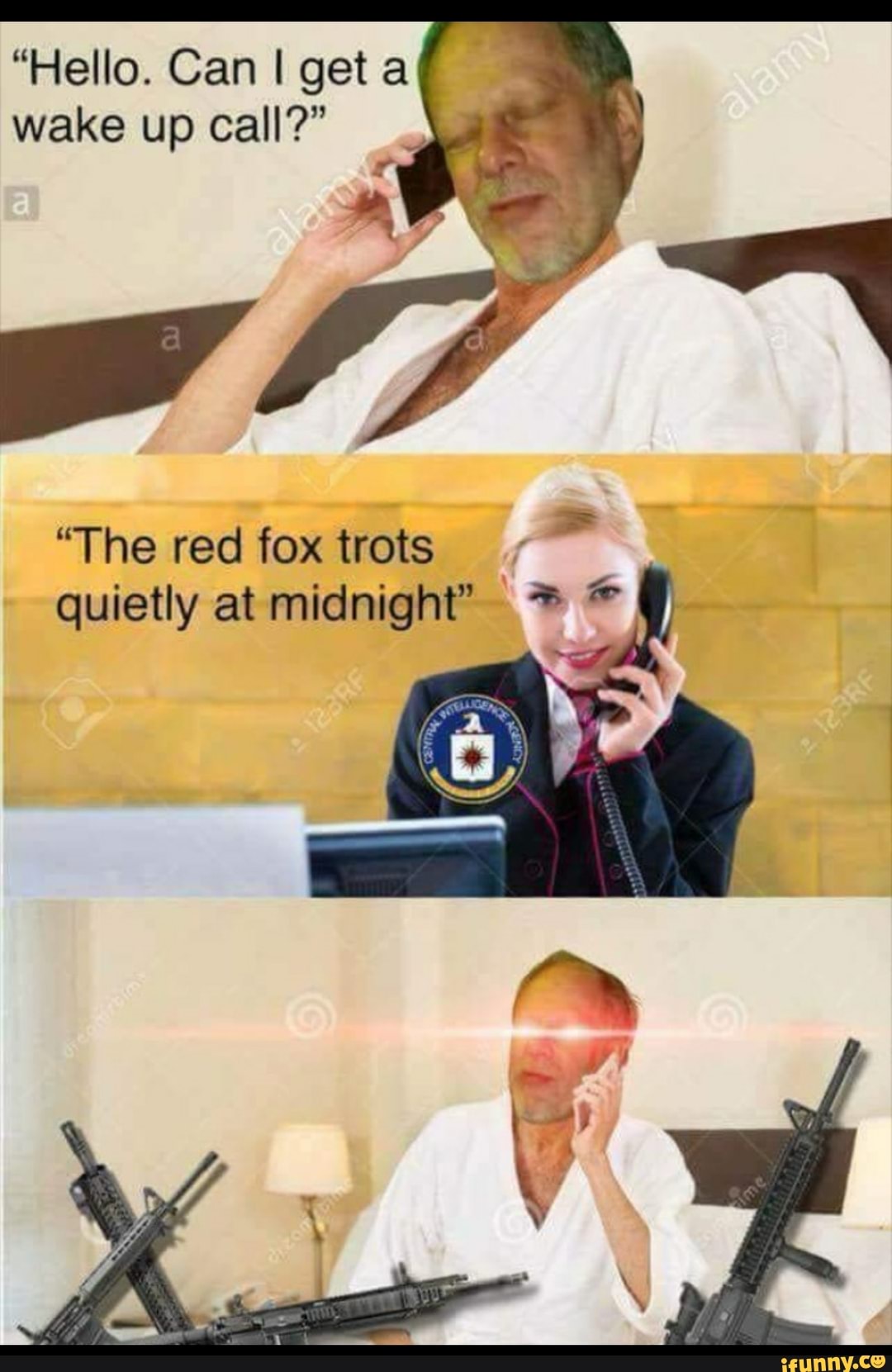 "Hello. Can I get a wake up call?" "The red fox trots quietly at ...