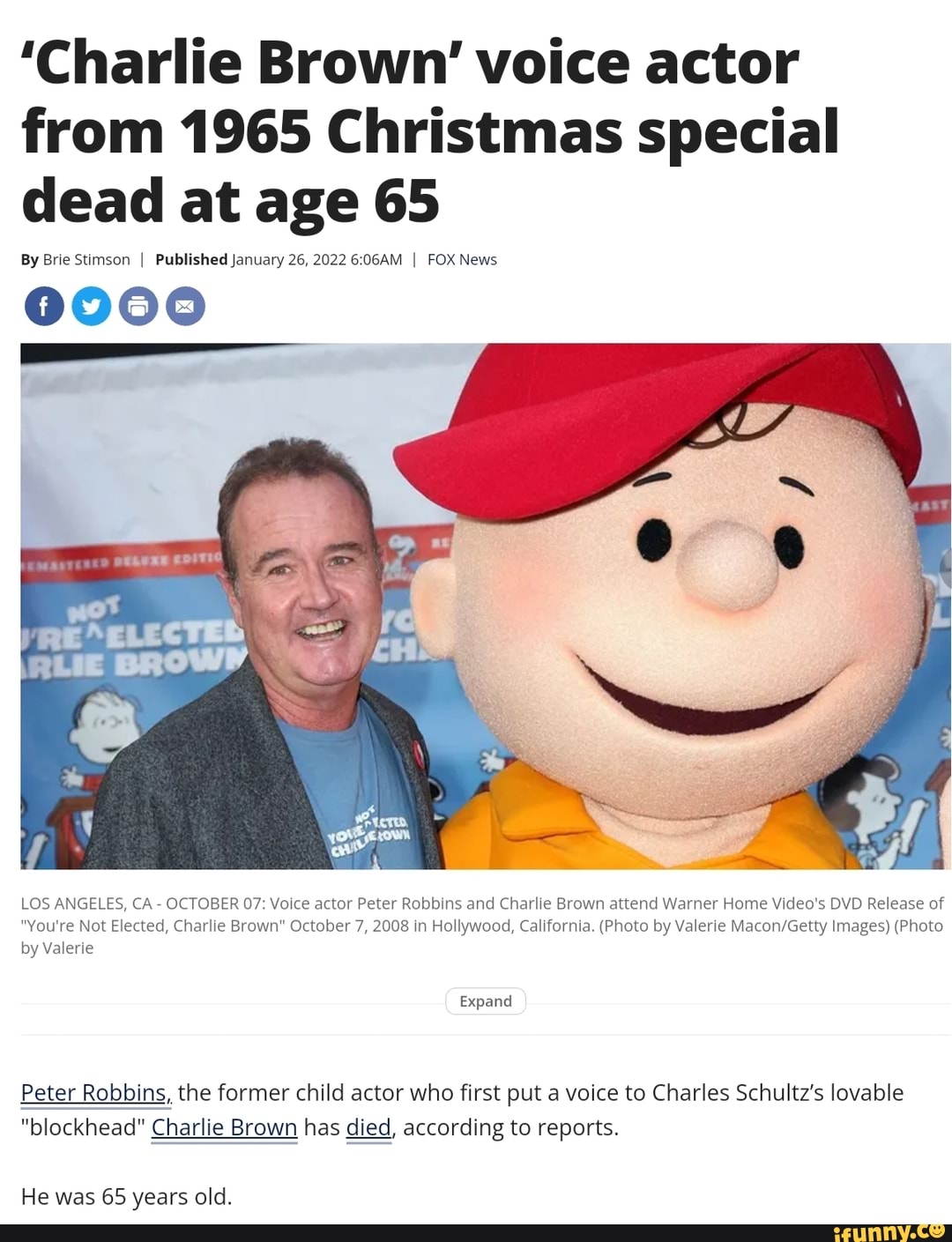 'Charlie Brown' voice actor from 1965 Christmas special dead at age 65 ...