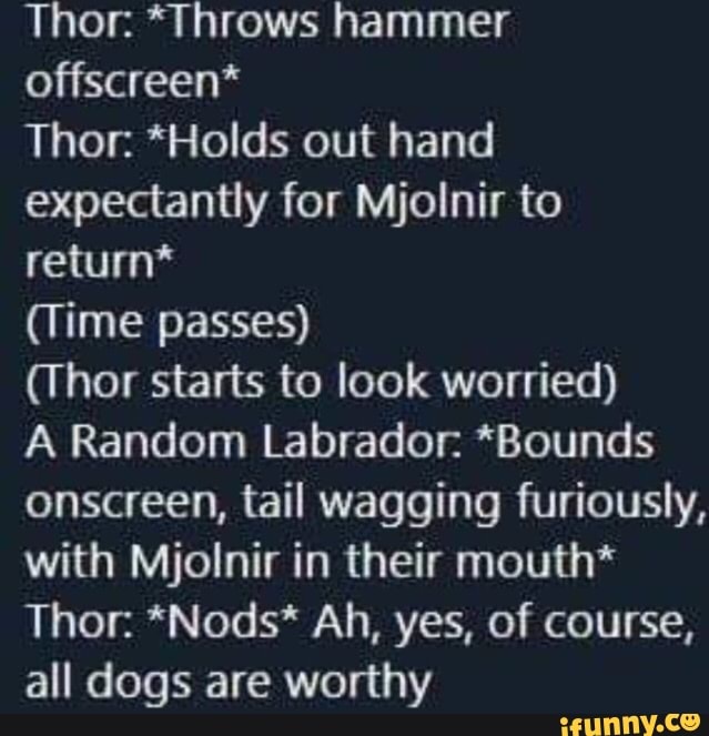 Thor. *Throws hammer offscreen* Thor. *Holds out hand expectantly for ...