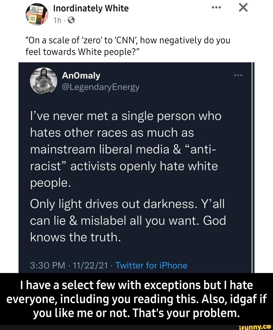 Inordinately White "On a scale of 'zero' to 'CNN', how negatively do ...