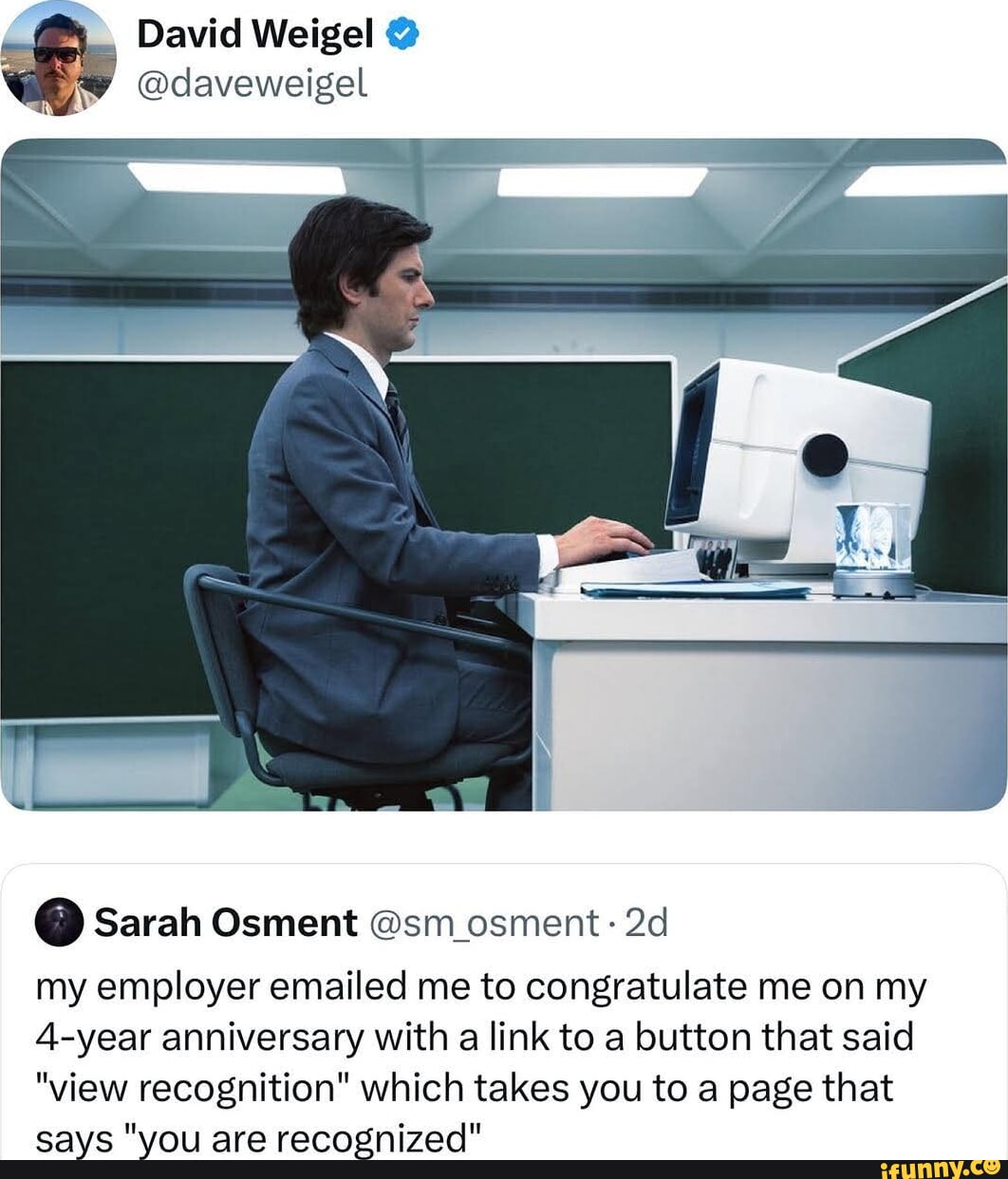 David Weigel @ hy @daveweigel I @ Sarah Osment @sm osment my employer ...