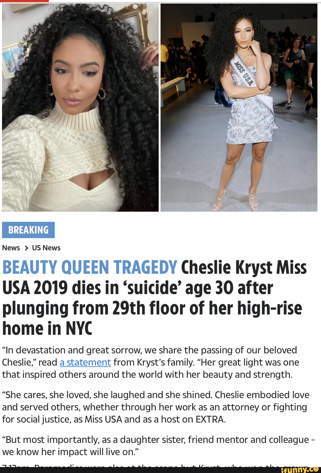 Of BREAKING News > US News BEAUTY QUEEN TRAGEDY Cheslie Kryst Miss USA ...