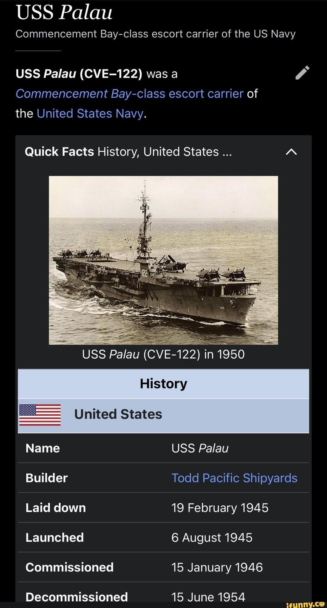 CVE-122 USS Palau - USS Palau Commencement Bay-class escort carrier of ...