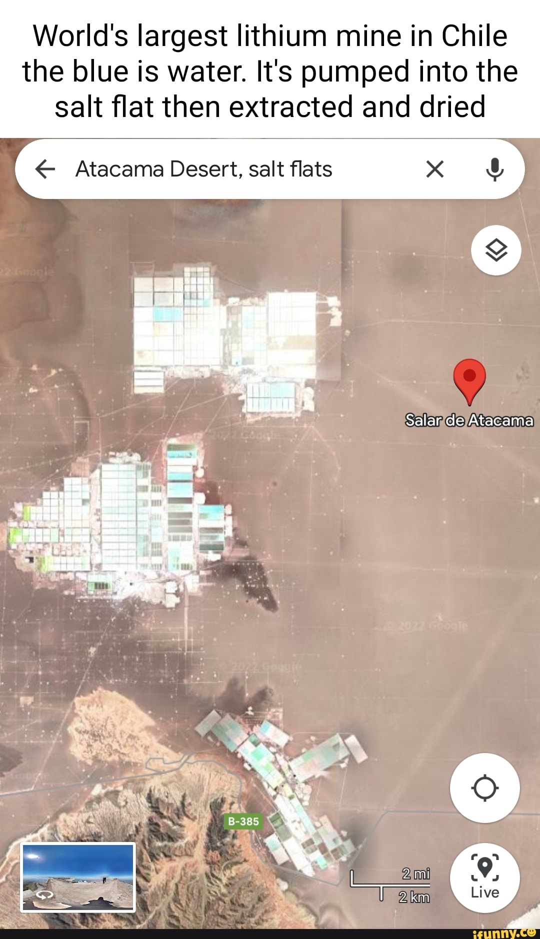 World's largest lithium mine in Chile the blue is water. It's pumped ...