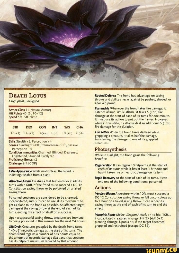 Deratu Lotus Large plant, unaligned 'Armor Class Armor) Hit Points 45 ...