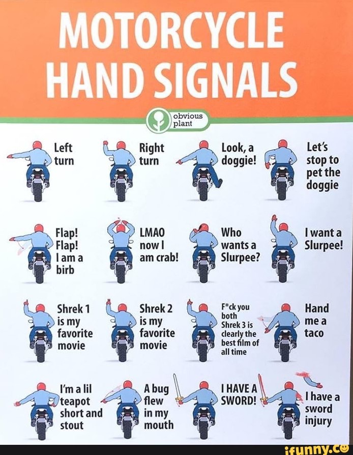 MOTORCYCLE HAND SIGNALS obvious plant Left Right Look, Let's turn turn ...