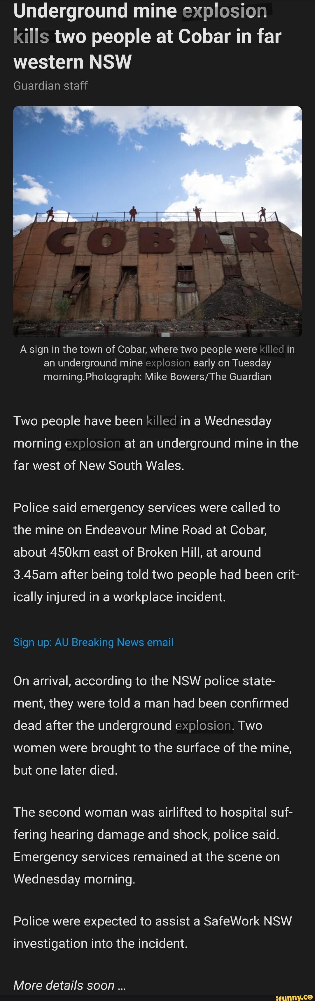 Underground mine explosion kills two people at Cobar in far western NSW ...