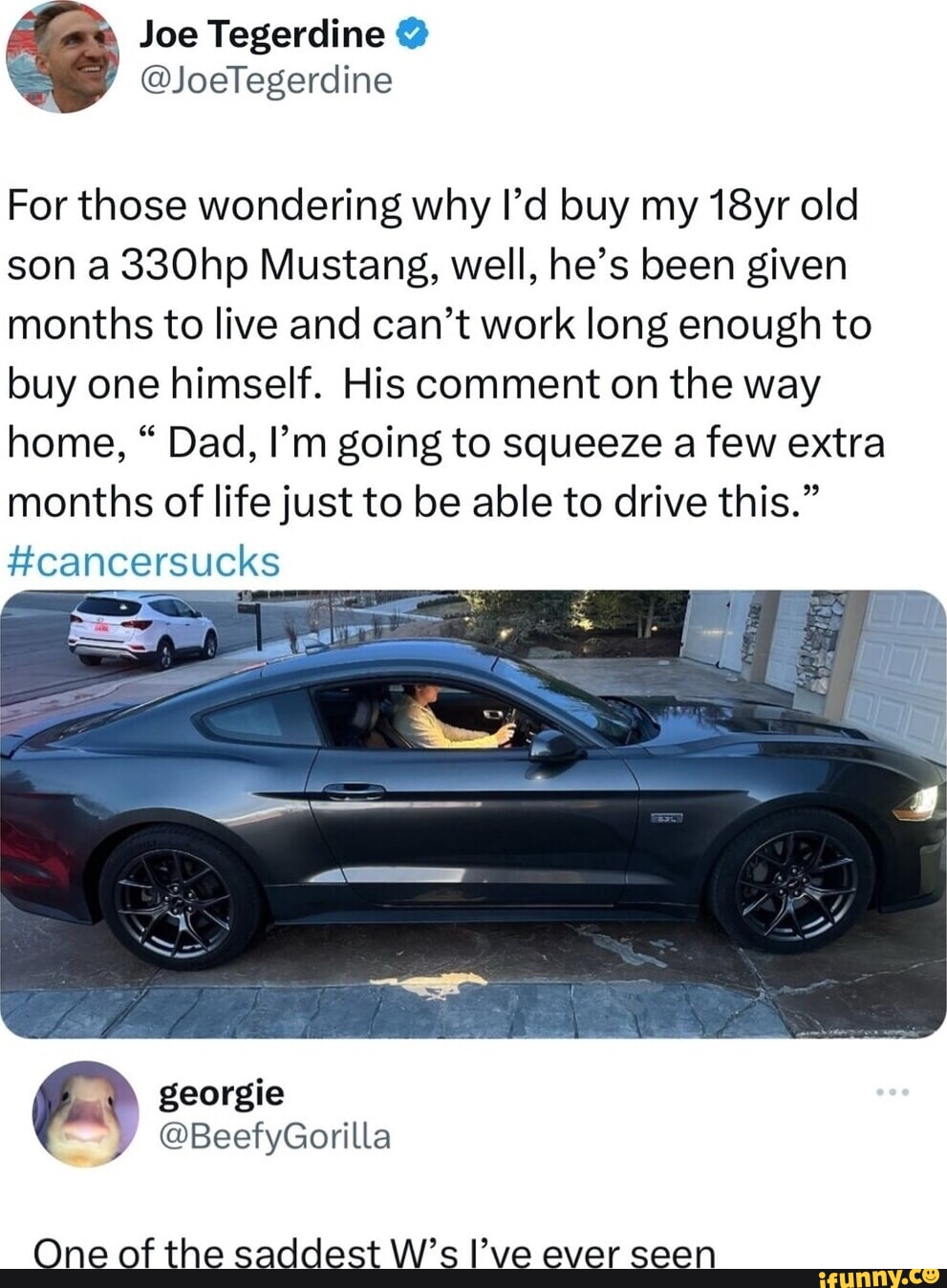 Joe Tegerdine For those wondering why I'd buy my 18yr old son a 330hp ...