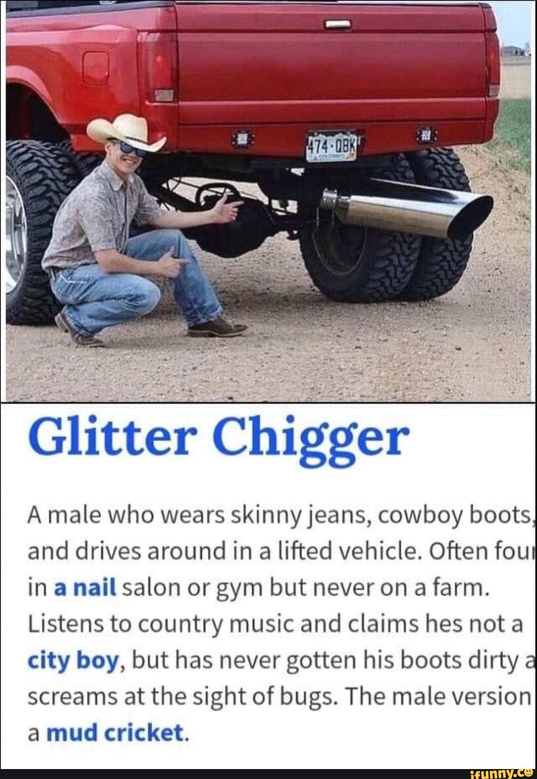 "Glitter Chigger A male who wears skinny jeans, cowboy boots and drives ...