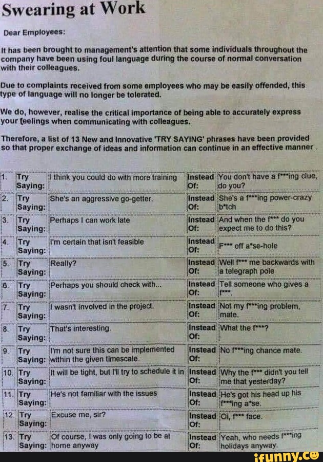 Swearing at Work Dear Employees: It has been brought to management's ...