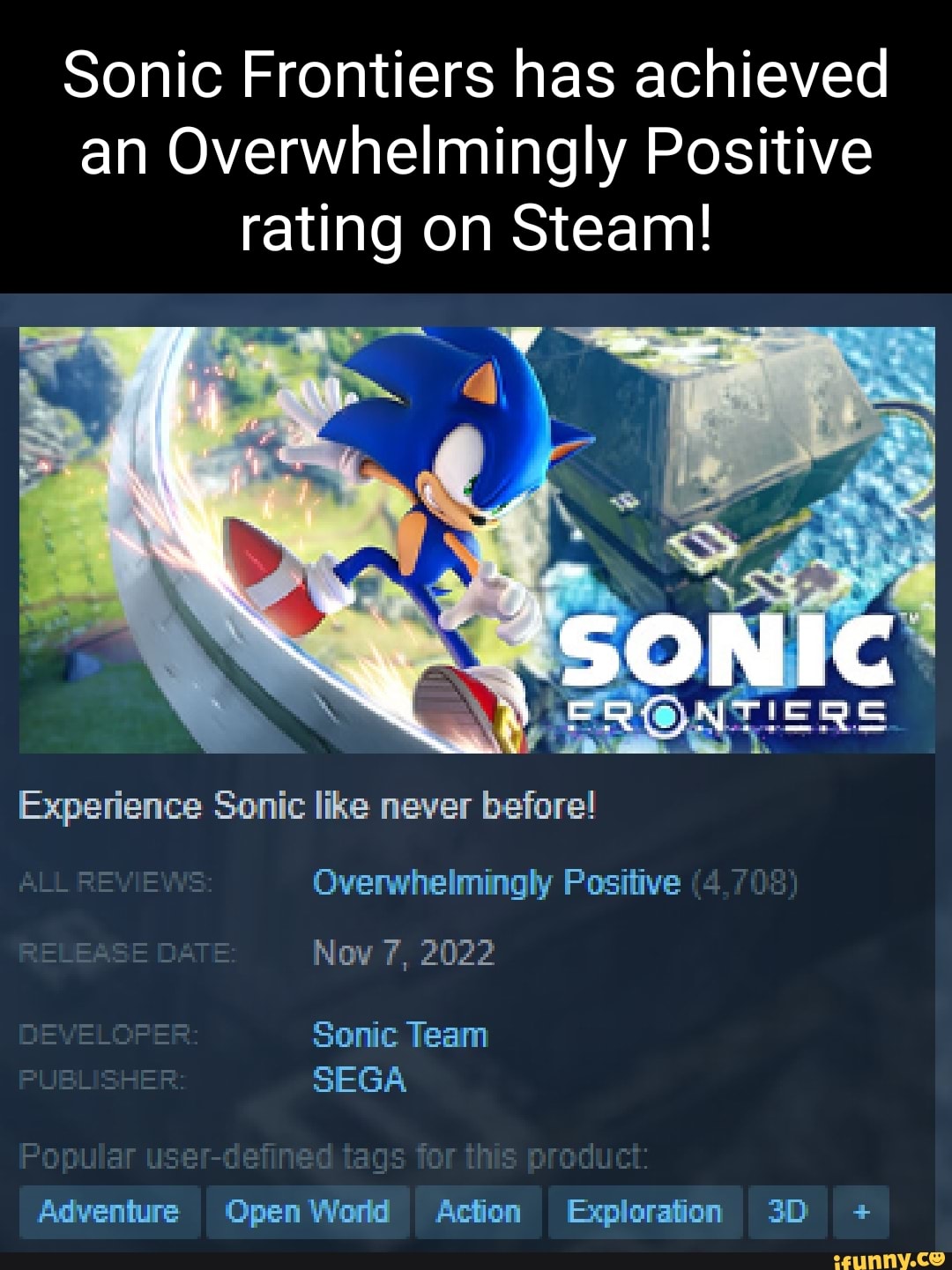 Sonic Frontiers has achieved an Overwhelmingly Positive rating on Steam ...