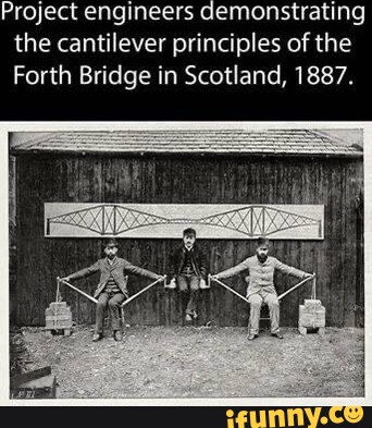 Project engineers demonstrating the cantilever principles of the Forth Bridge in Scotland, 1887 ...