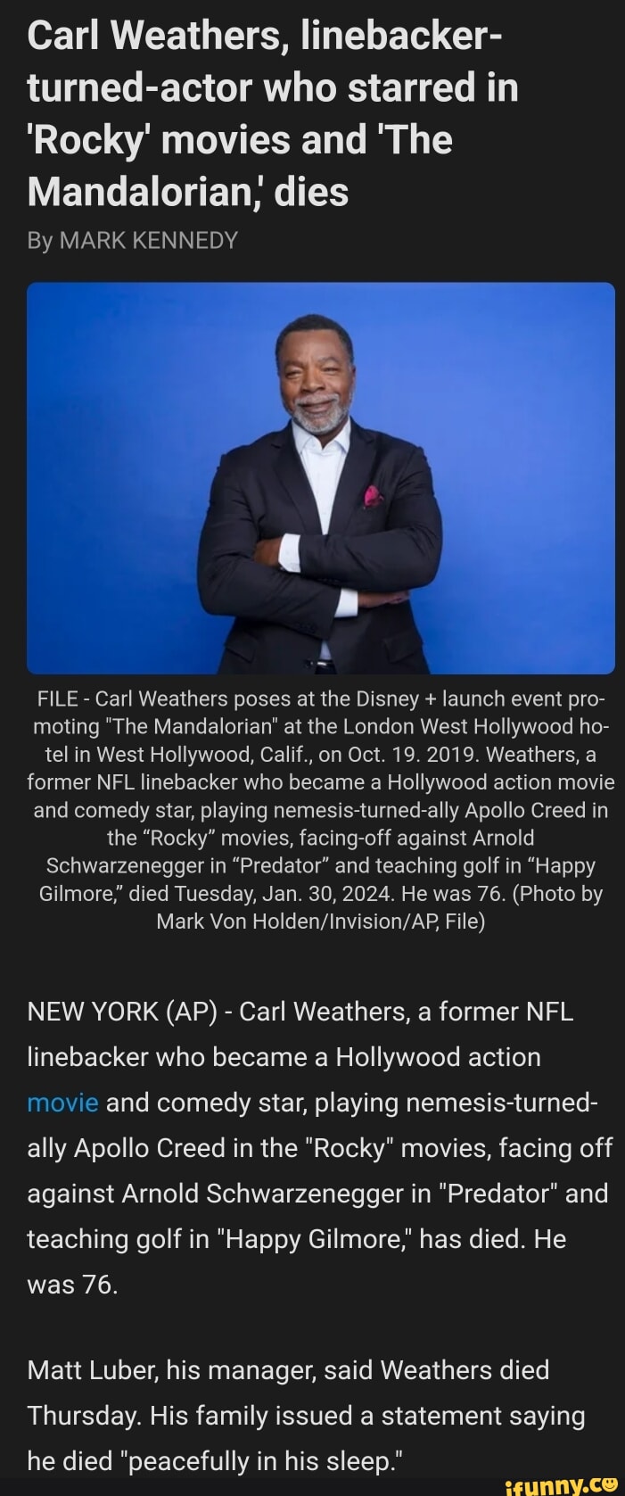 Carl Weathers, linebacker- turned-actor who starred in 'Rocky' movies ...