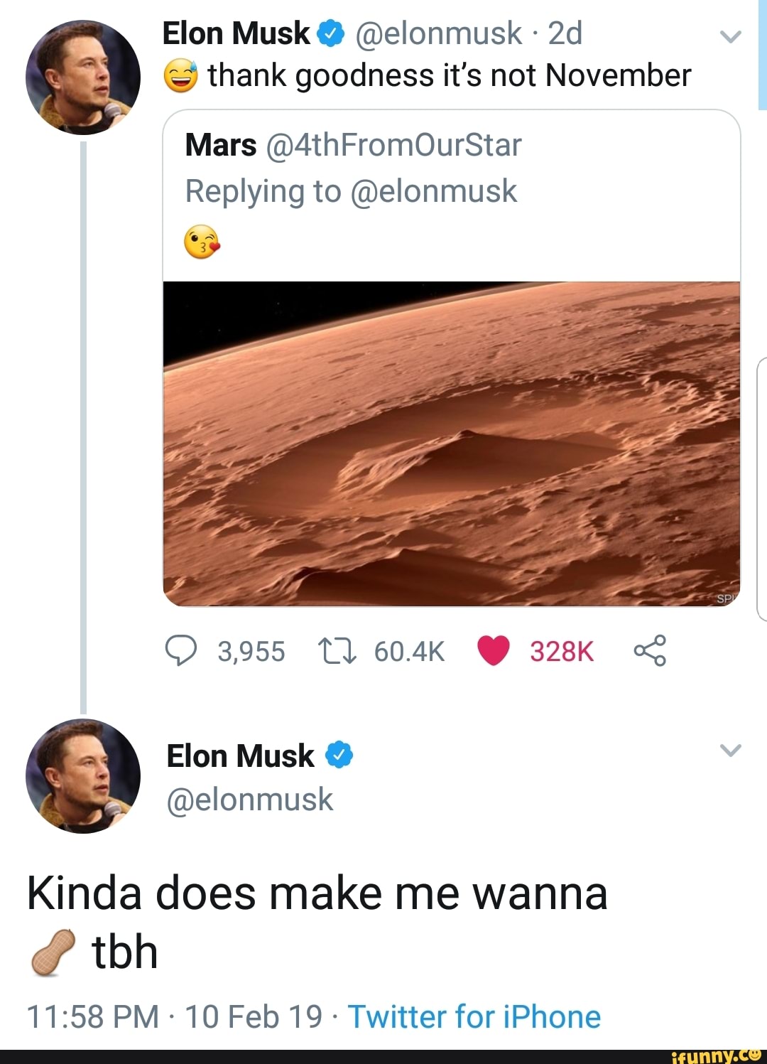 Elon Muska @elonmusk 2d (â thank goodness it's not November Mars ...